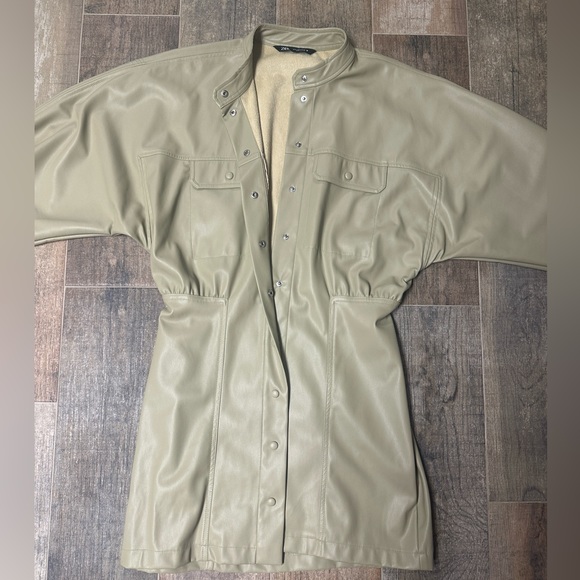 Zara | Jackets & Coats | Zara Light Green Faux Leather Mid Length Coat ...